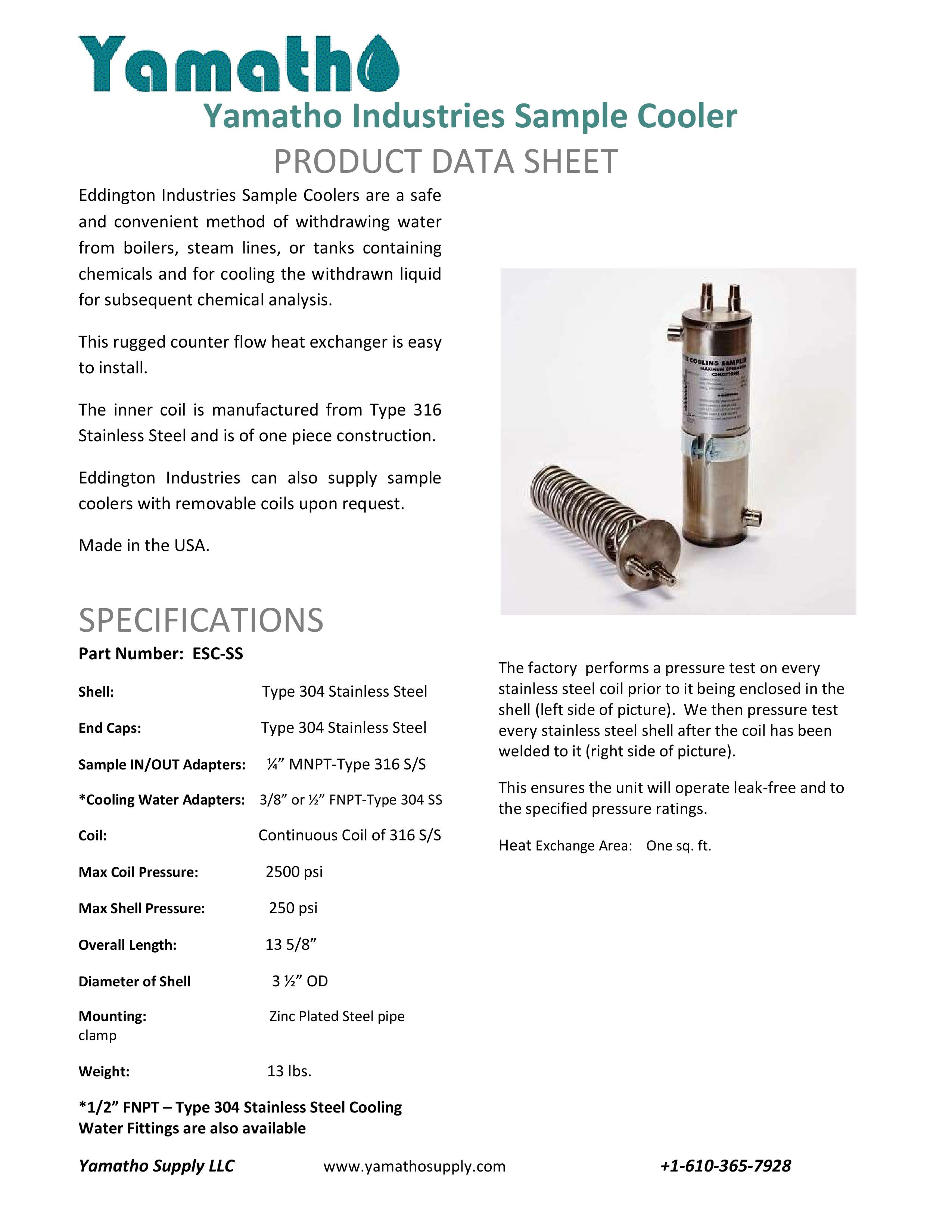 Boiler Water Sample Cooler, Stainless Steel , 2,500 psi - Yamatho ...